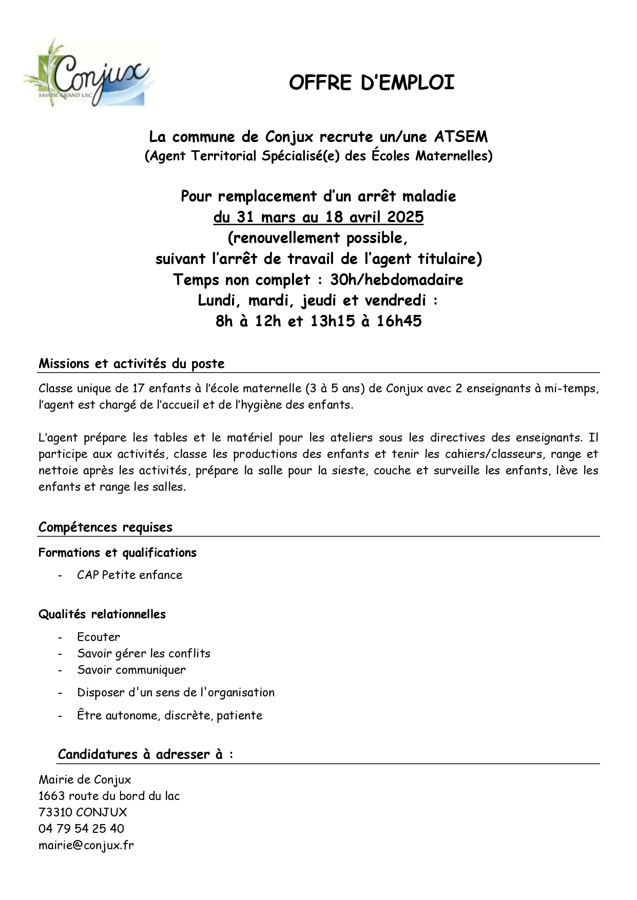 OFFRE D’EMPLOI – COMMUNE DE MOTZ